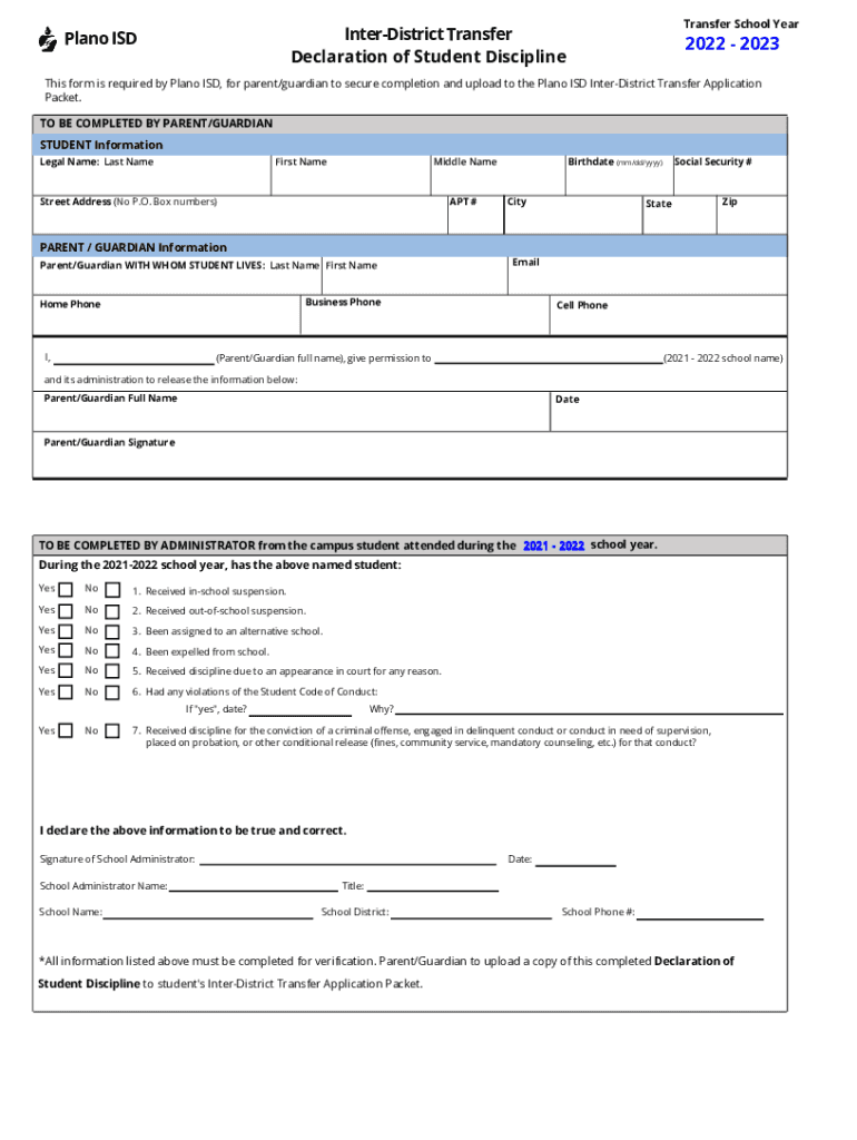 Fillable Online Plano ISD Student Transfer Form Fax Email Print - pdfFiller