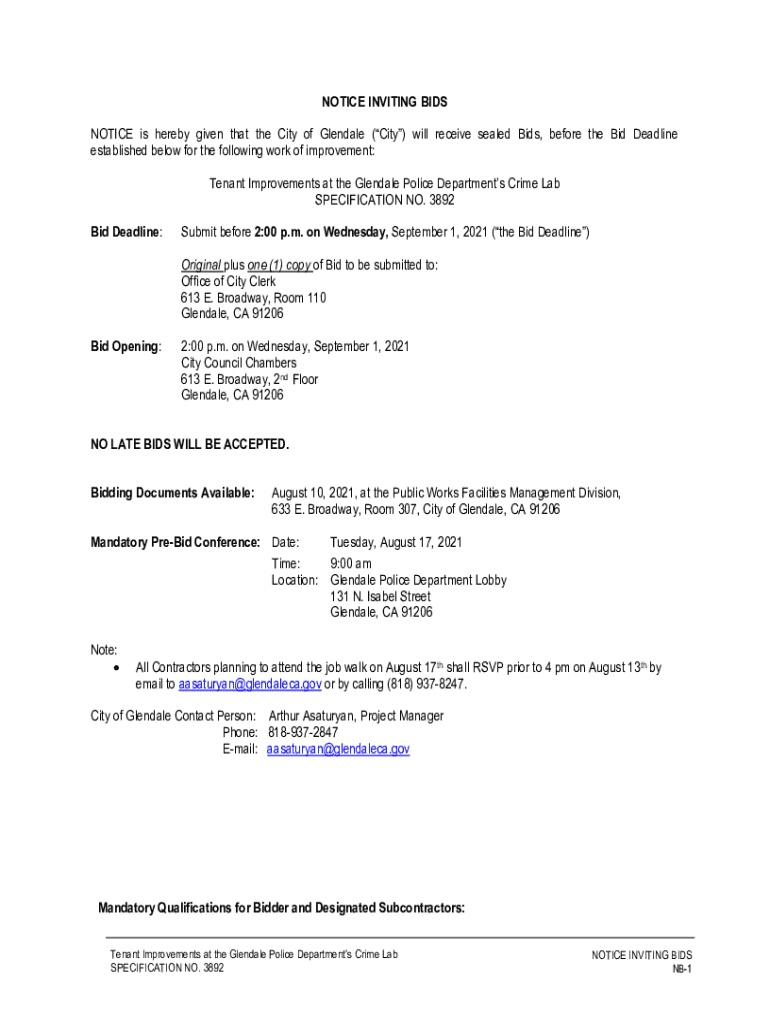 Fillable Online NOTICE INVITING BIDS NOTICE is hereby given that the ...