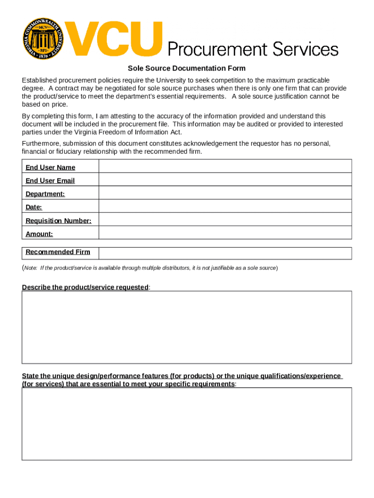 Sole Source Documentation . sole source Doc Template | pdfFiller