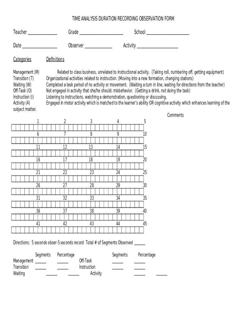 TIME ANALYSIS DURATION RECORDING OBSERVATION Doc Template | pdfFiller