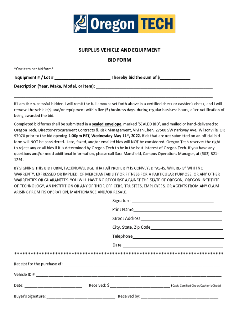 Fillable Online www.ashland.or.usSIBfilesSURPLUS VEHICLE AND EQUIPMENT ...