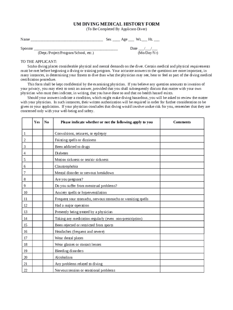 DIVING MEDICAL HISTORY - Environmental Safety, Sustainability and Risk ...