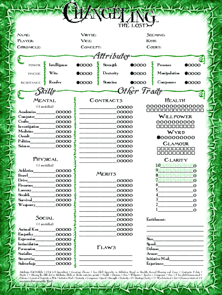 Fillable Online Character Sheet ChangelingOWoD Setting, nWoD Dice Mechanics ... Fax Email Print ...
