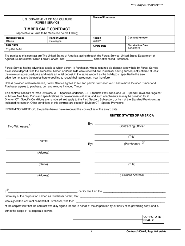 Fillable Online United States Timber Sale Contract Agriculture Service ...