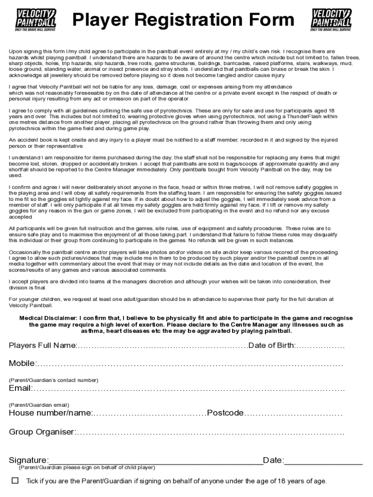 Player Registration Form - Blank Fillable Template | Fill Out, Print ...