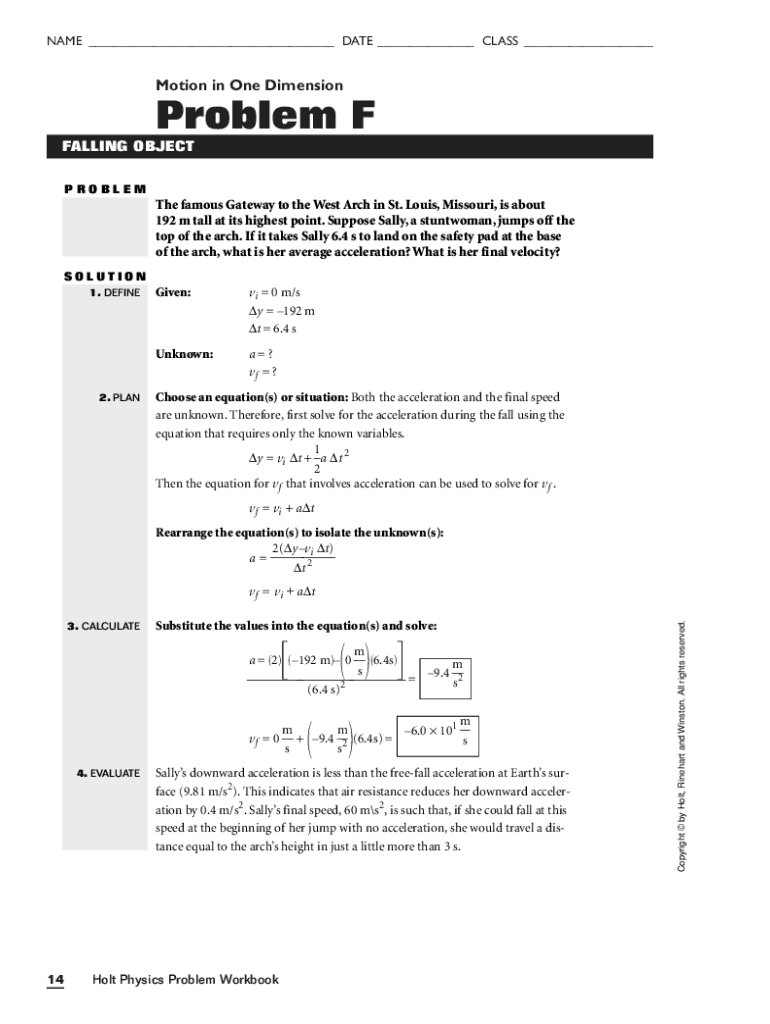 Fillable Online Holt Physics Problem Workbook Answers Motion In One