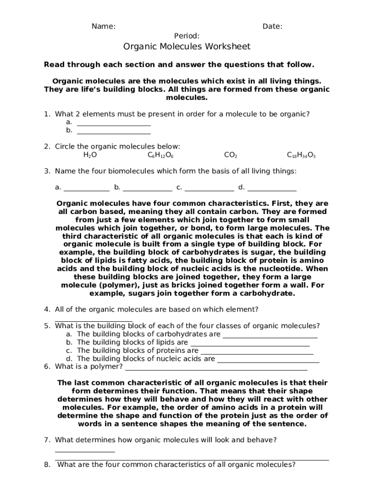 LT 3 Organic Molecules Worksheet - Organic Molecules... - Course Hero ...