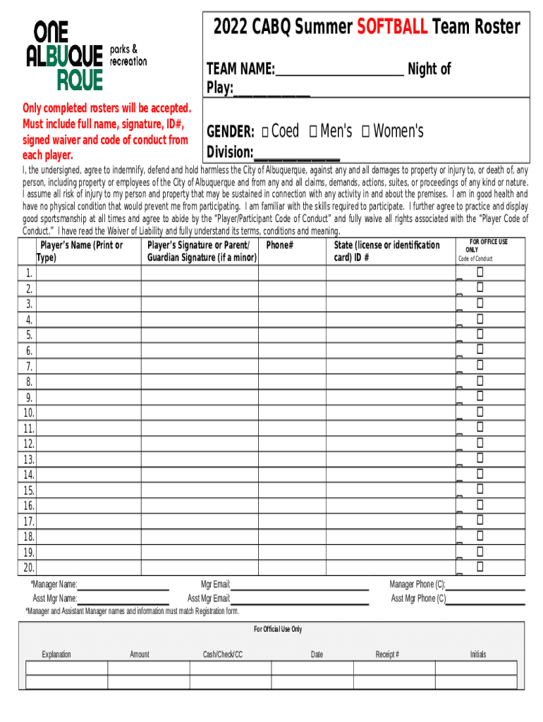 www.cabq.govparksandrecreationdocuments2022 Summer Softball Roster City ...