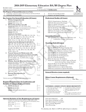 Fillable Online 2018-2019 Elementary Education BA/BS Degree Plan ...