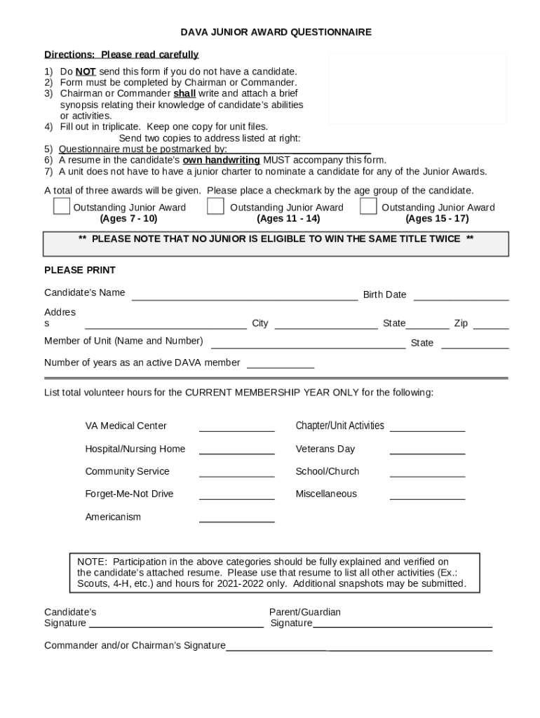 DAVA JUNIOR MISS OR MISS TEENAGE QUESTIONNAIRE - DAV Auxiliary ...