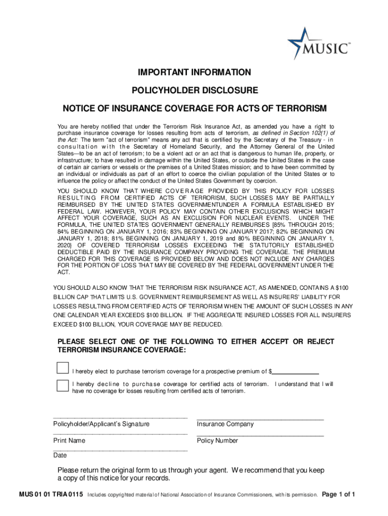 Fillable Online IMPORTANT INFORMATION POLICYHOLDER DISCLOSURE NOTICE OF ...