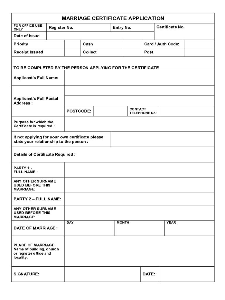 Fillable Online Application for a copy marriage certificate Fax Email ...