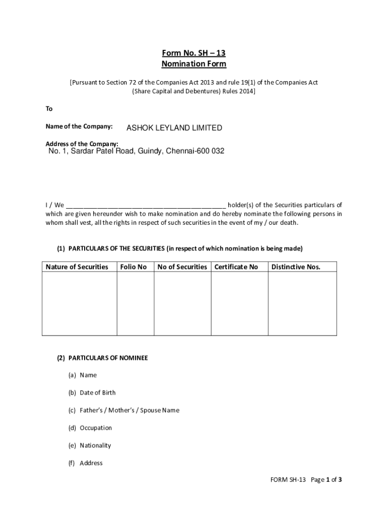 Fillable Online FORM NO. SH -13 NOMINATION FORM Pursuant to section 72 ...