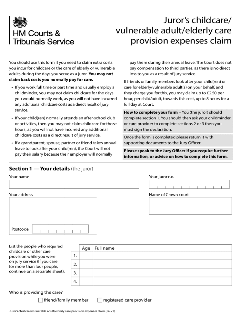 Fillable Online Jurors childcare/ vulnerable adult/elderly care ...