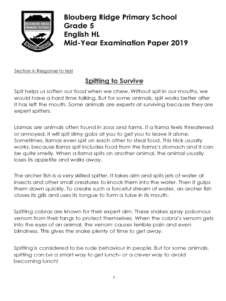 Fillable Online Blouberg Ridge Primary School Grade 5 English HL Mid ...