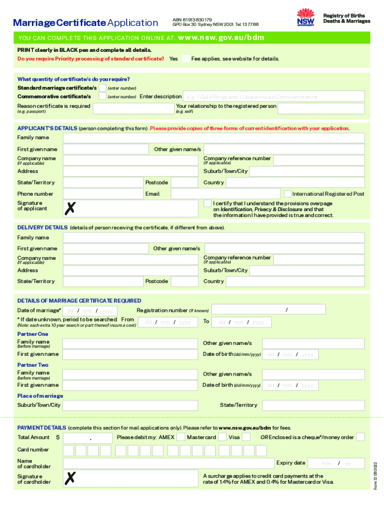 Fillable Online Marriage Certificate Application. Apply for a NSW ...