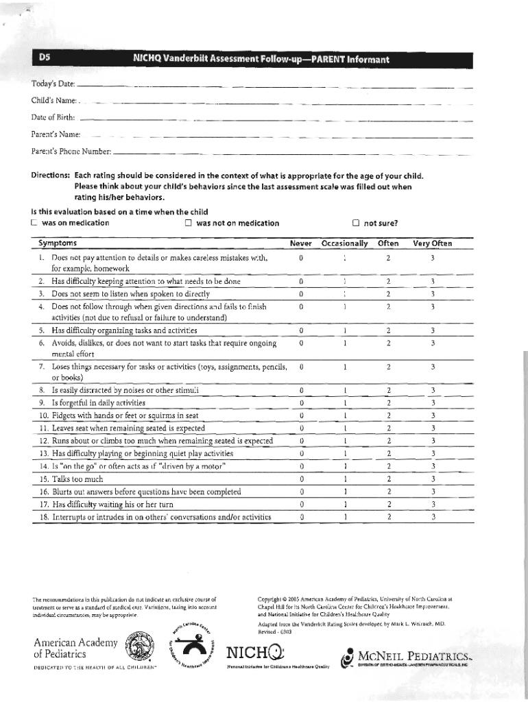 Fillable Online NICHQ Vanderbilt Assessment Scale (Parent Follow-up ...