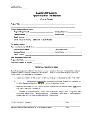 Fillable Online lakeland.edupdfsirbLakeland University Application for IRB Review Cover Sheet ...