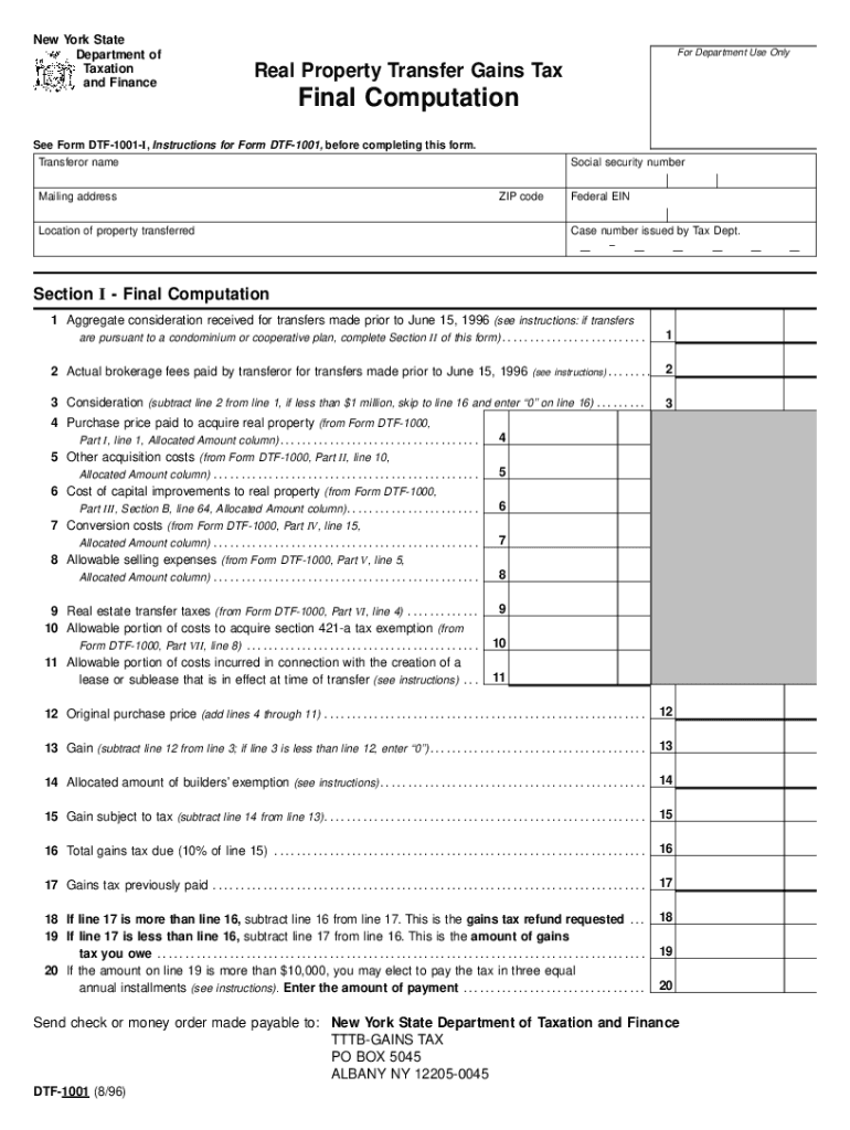Fillable Online Form DTF-1001:8/96:Real Property Transfer Gains Tax ...