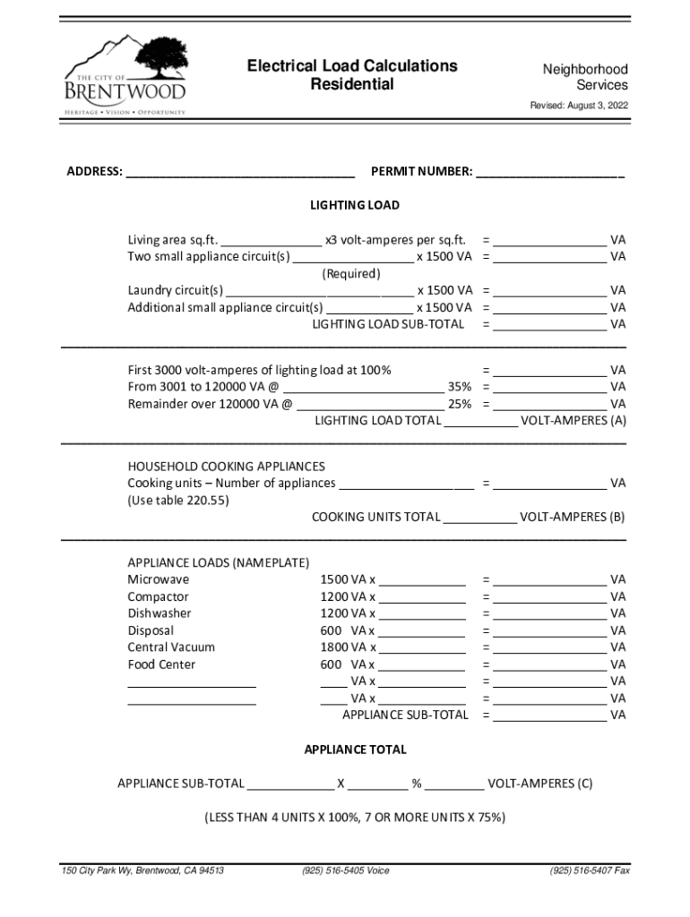 Fillable Online Electrical Load Calculations Neighborhood Residential ...