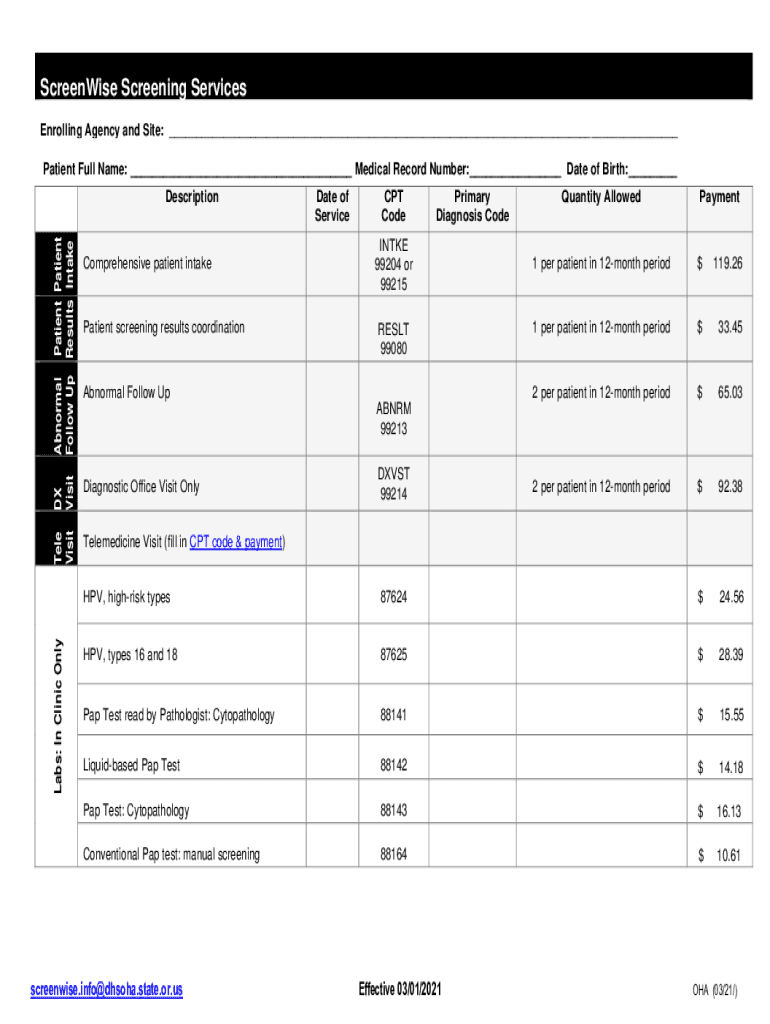 Fillable Online ScreenWise Screening/Diagnostic Services - Oregon Fax ...
