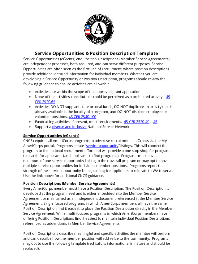 Fillable Online Service Opportunities & Position Description Template ...