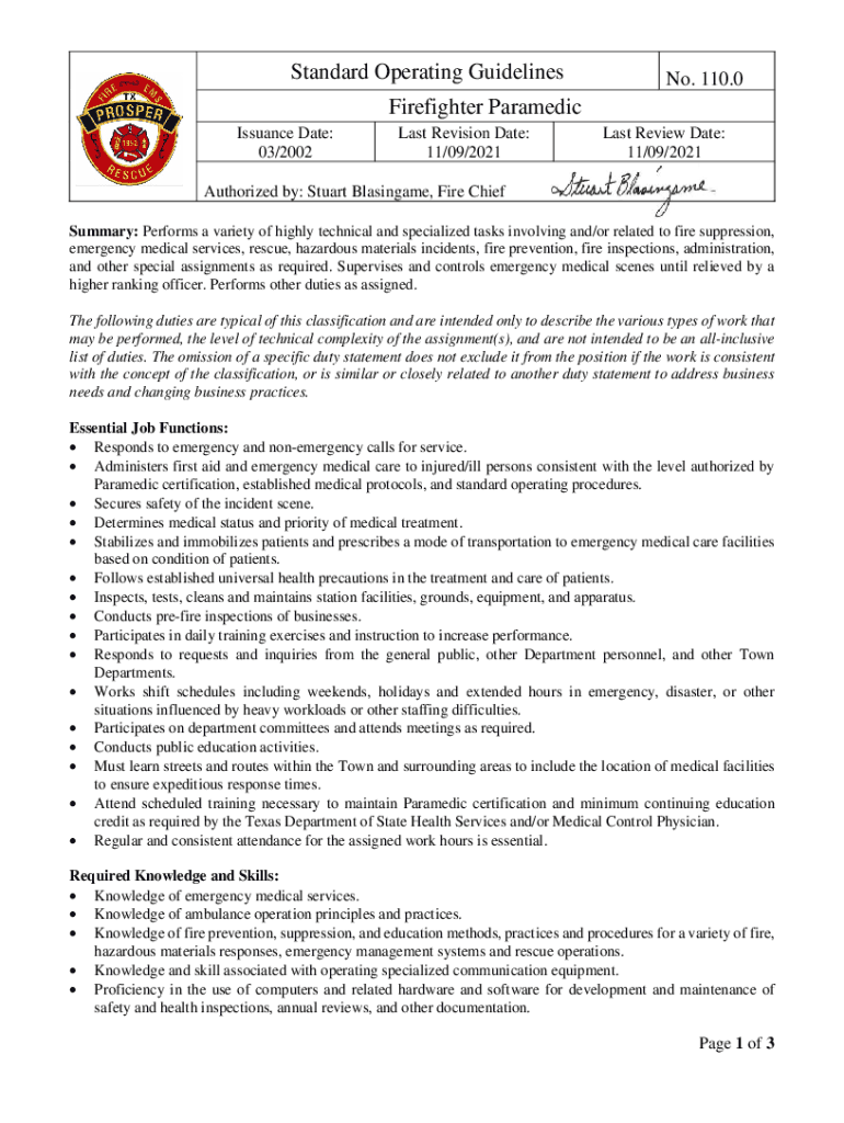 Fillable Online Standard Operating Guidelines Firefighter Paramedic Fax ...