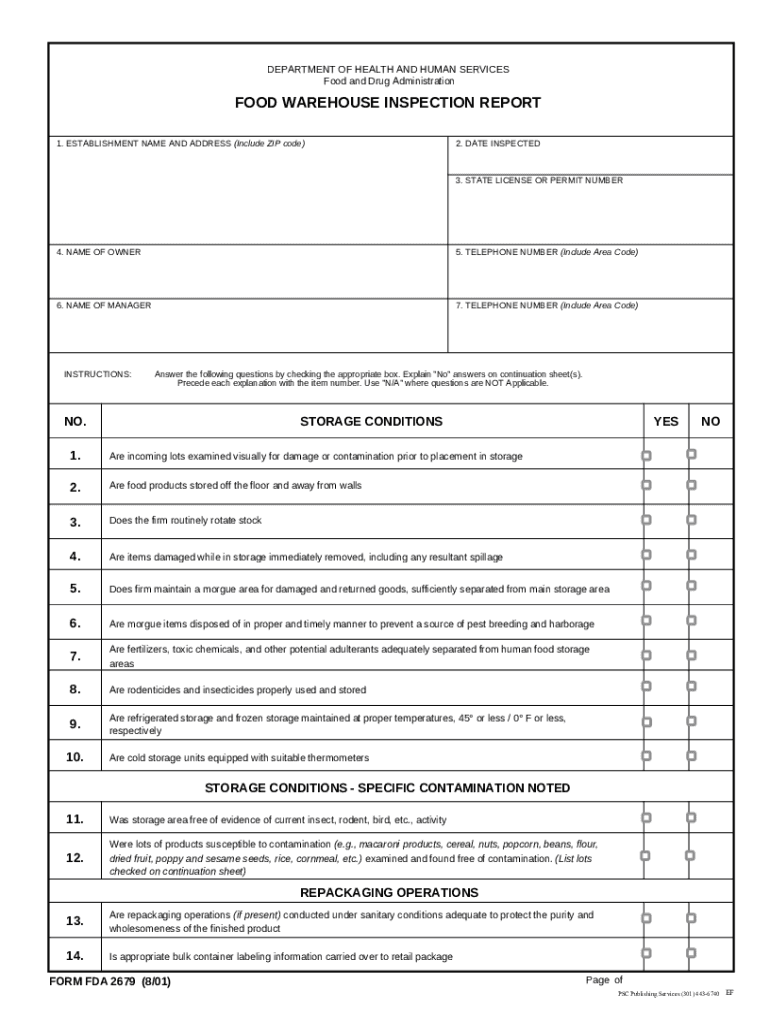 Fillable Online FORM FDA 2679. Food Warehouse Inspection Report Fax ...