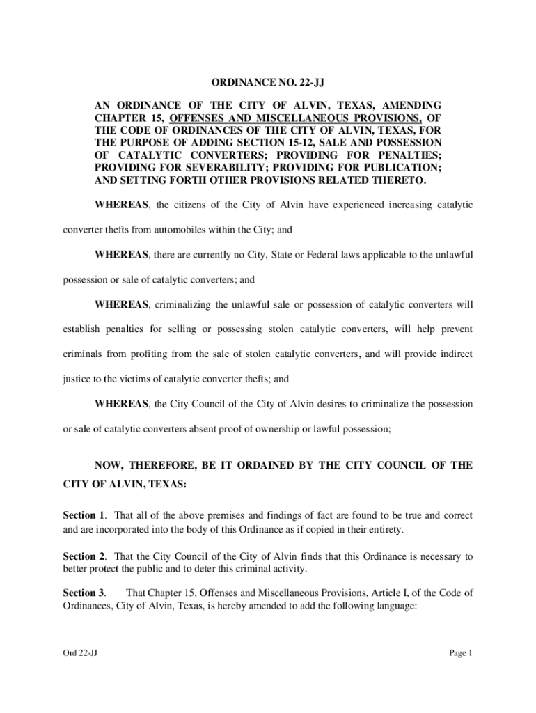 Fillable Online ORDINANCE NO. 22-JJ AN ORDINANCE OF THE CITY OF ALVIN ... Fax Email Print ...