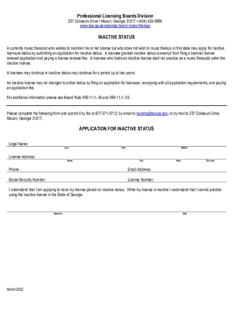 Fillable Online sos ga Professional Licensing Boards Division INACTIVE ...