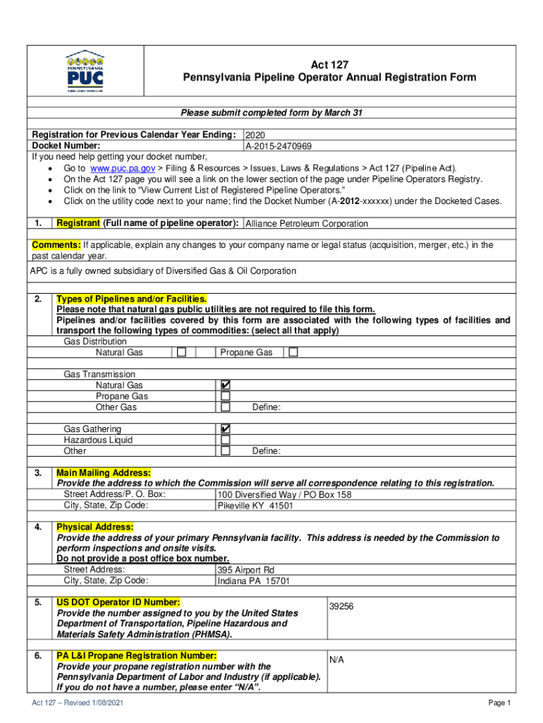 Fillable Online www.puc.pa.govpcdocs1700668Act 127 Pennsylvania ...