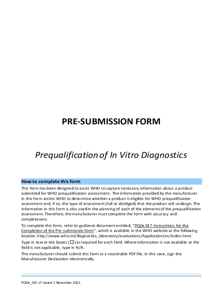 Fillable Online PRE-SUBMISSION FORM Prequalification of In Vitro ...