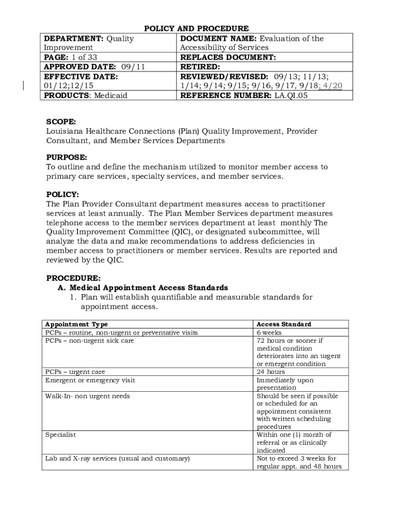 Fillable Online ldh.la.govassetsmedicaidPOLICY AND PROCEDURE DEPARTMENT: Quality DOCUMENT NAME ...
