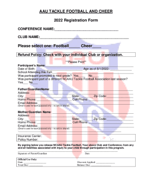 Fillable Online AAU TACKLE FOOTBALL AND CHEER 2022 Registration Form ...