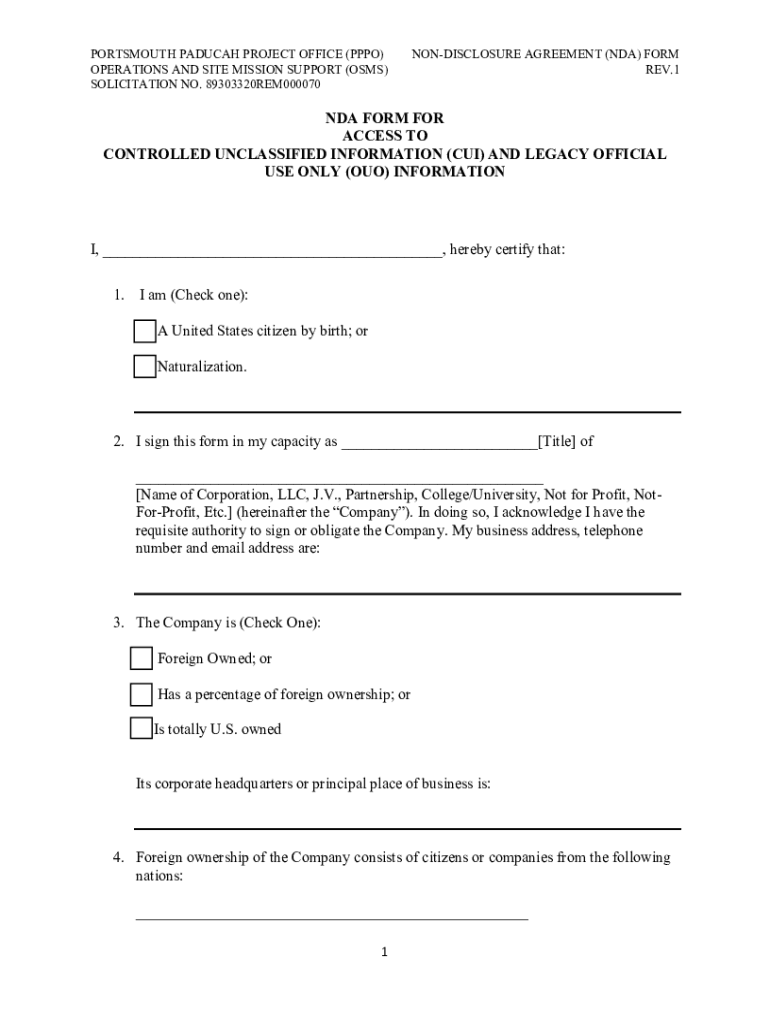 Fillable Online NDA FORM FOR ACCESS TO CONTROLLED UNCLASSIFIED ... Fax Email Print - pdfFiller