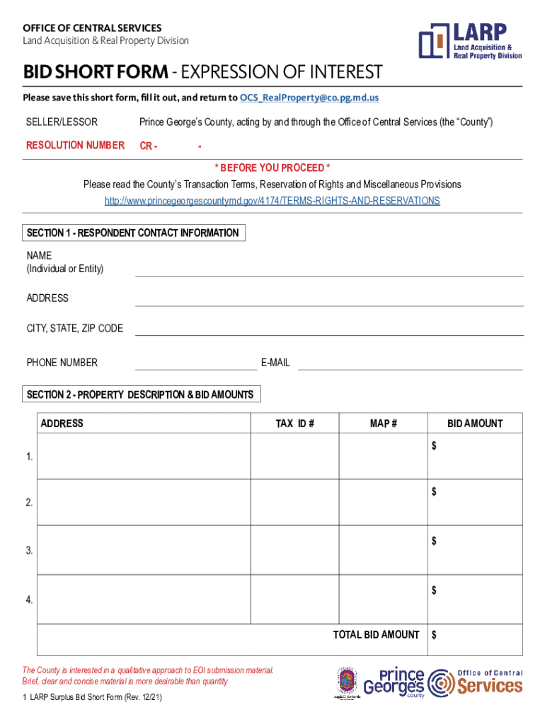 Fillable Online BID SHORT FORM- EXPRESSION OF INTEREST Fax Email Print ...