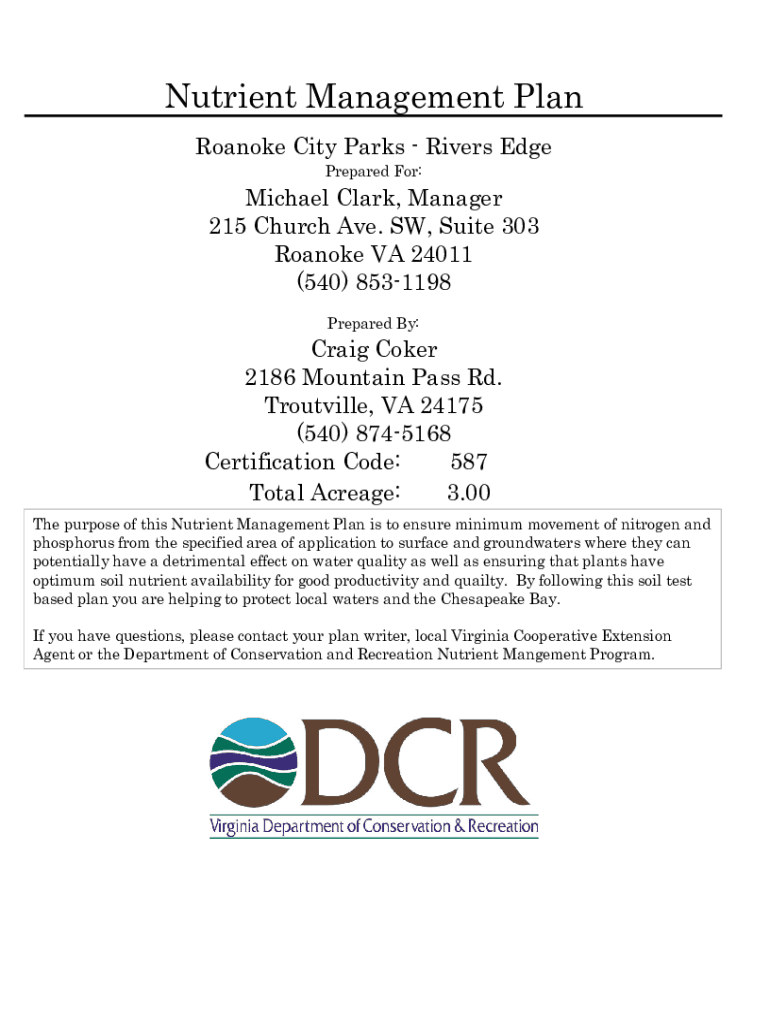 Fillable Online Nutrient Management Plan - Roanoke City Parks - Rivers ...