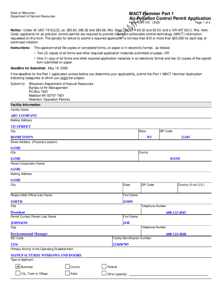Fillable Online dnr wisconsin SAMPLE MACT Hammer Part 1 Application ...