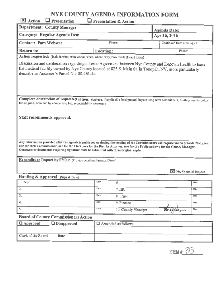 Fillable Online NYE COUNTY AGENDA INFORMATION FORM fEM# Fax Email Print ...