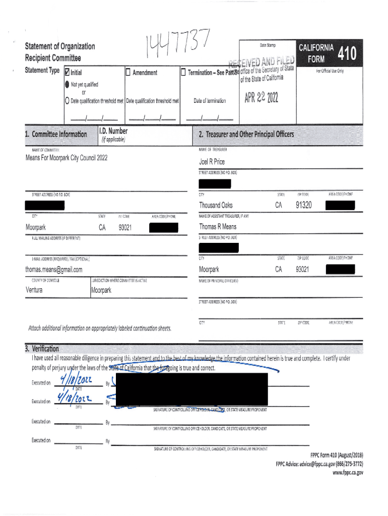 Fillable Online Form 410 (Statement of Organization, Recipient ...