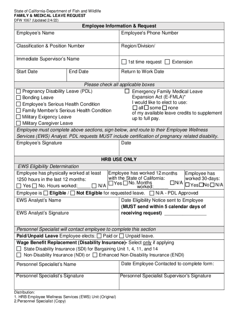 Fillable Online DFW 1067 - FMLA Request Form. Family And Medical Leave ...