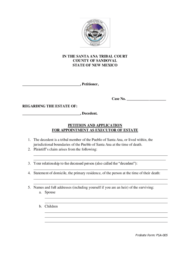 Fillable Online santaana-nsn.gov02Probate-Petition-FormIN THE SANTA ANA ...