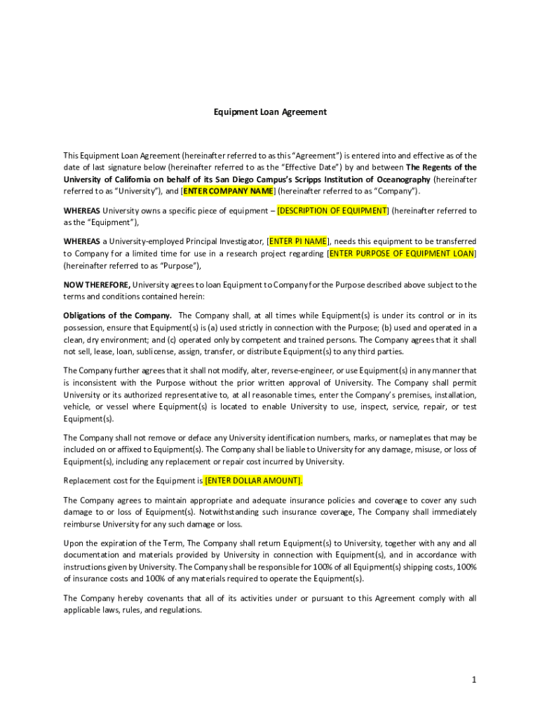 Fillable Online scripps ucsd Equipment Loan Agreement Template June ...