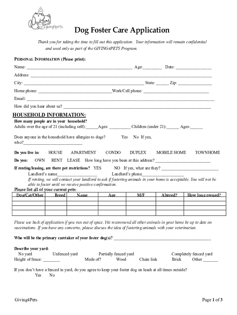 Dog Foster Application - Homeward Pet: Fill out & sign online | DocHub
