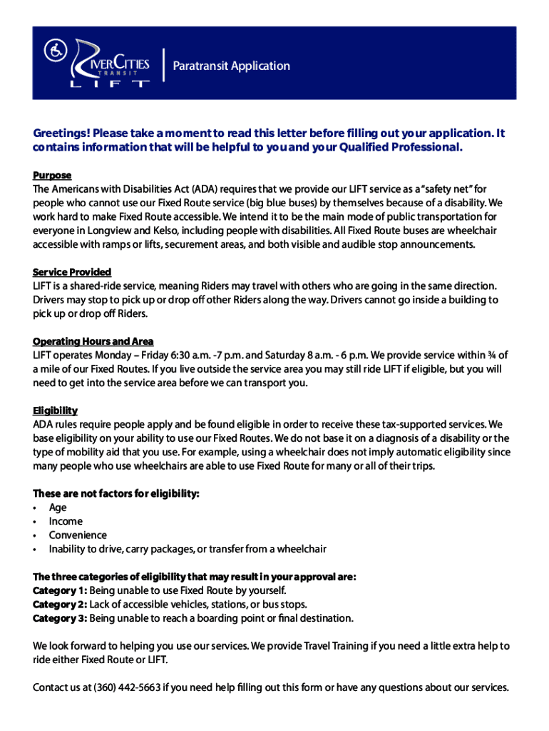 Fillable Online ADA Paratransit Service ProviderFirst ...