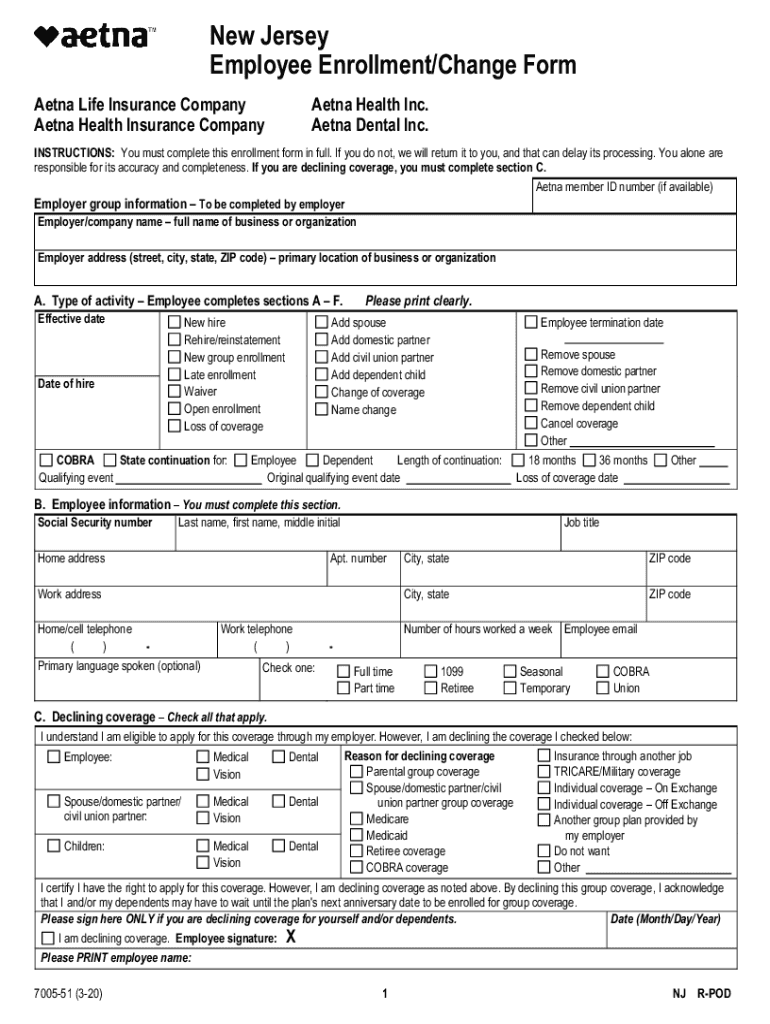 Fillable Online New Jersey Employee Enrollment/Change Form - Aetna. New Jersey Employee ...