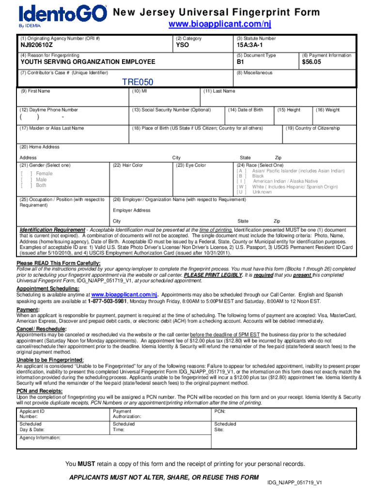 Fillable Online www.state.nj.usnjspinfoNew Jersey Universal Fingerprint ...