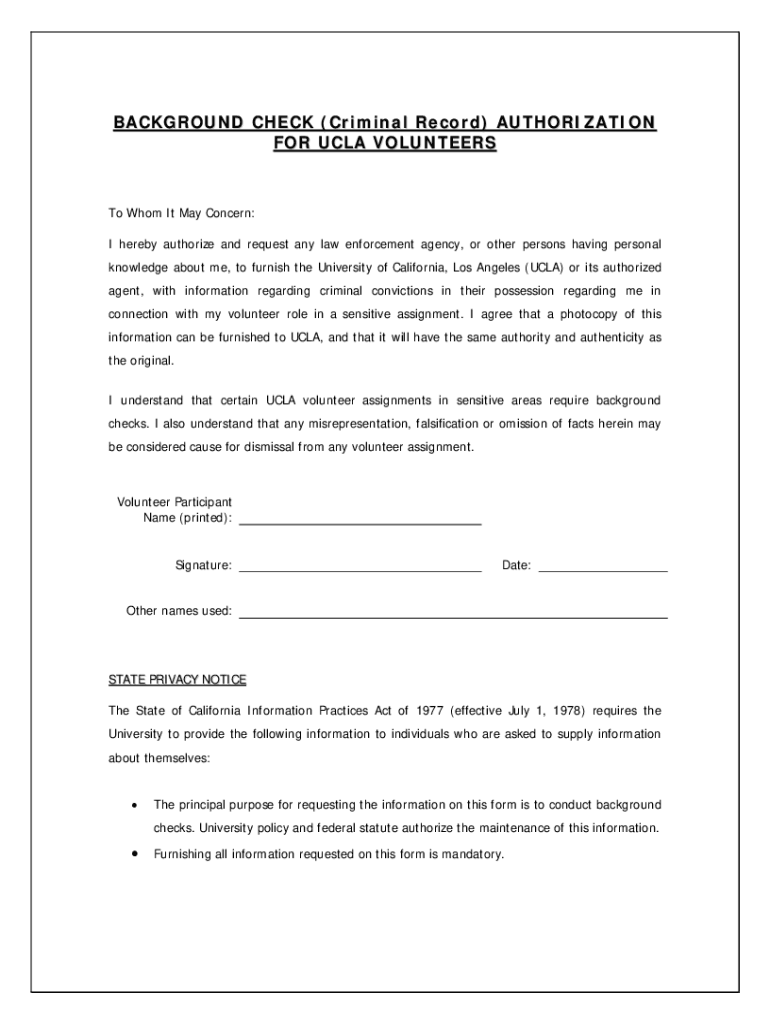 Fillable Online BACKGROUND CHECK (Criminal Record) AUTHORIZATION FOR UCLA VOLUNTEERS Fax Email ...
