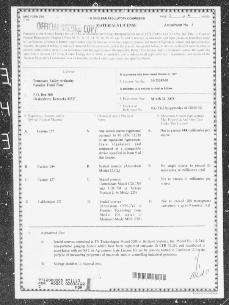 Fillable Online www.nrc.govdocsML2015NRC FORM 374 U.S. NUCLEAR ...