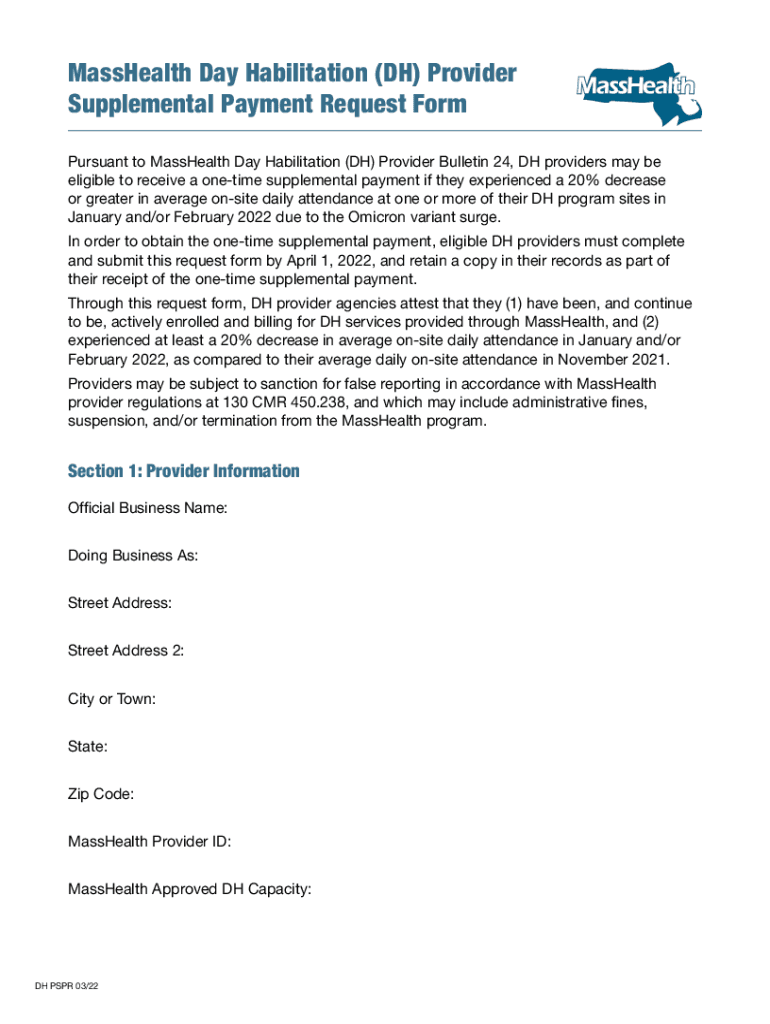 Fillable Online MassHealth Day Habilitation (DH) Provider Supplemental ...